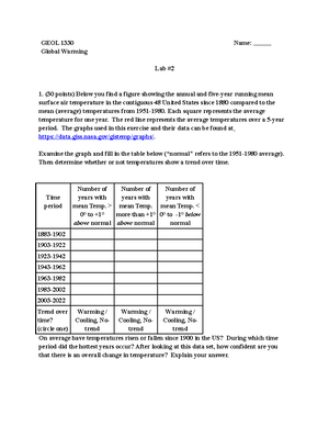 Lab 7 GEOL 1330 - N/A - GEOL 1330 Name: Global Warming Lab (40 points ...