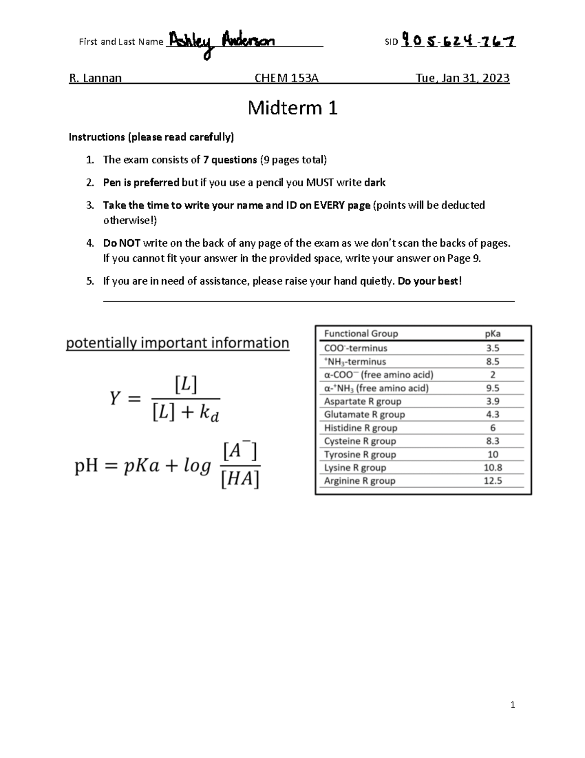 Chem 153A - Midterm 1 (1) 2 - First and Last Name ______________________________ SID ...