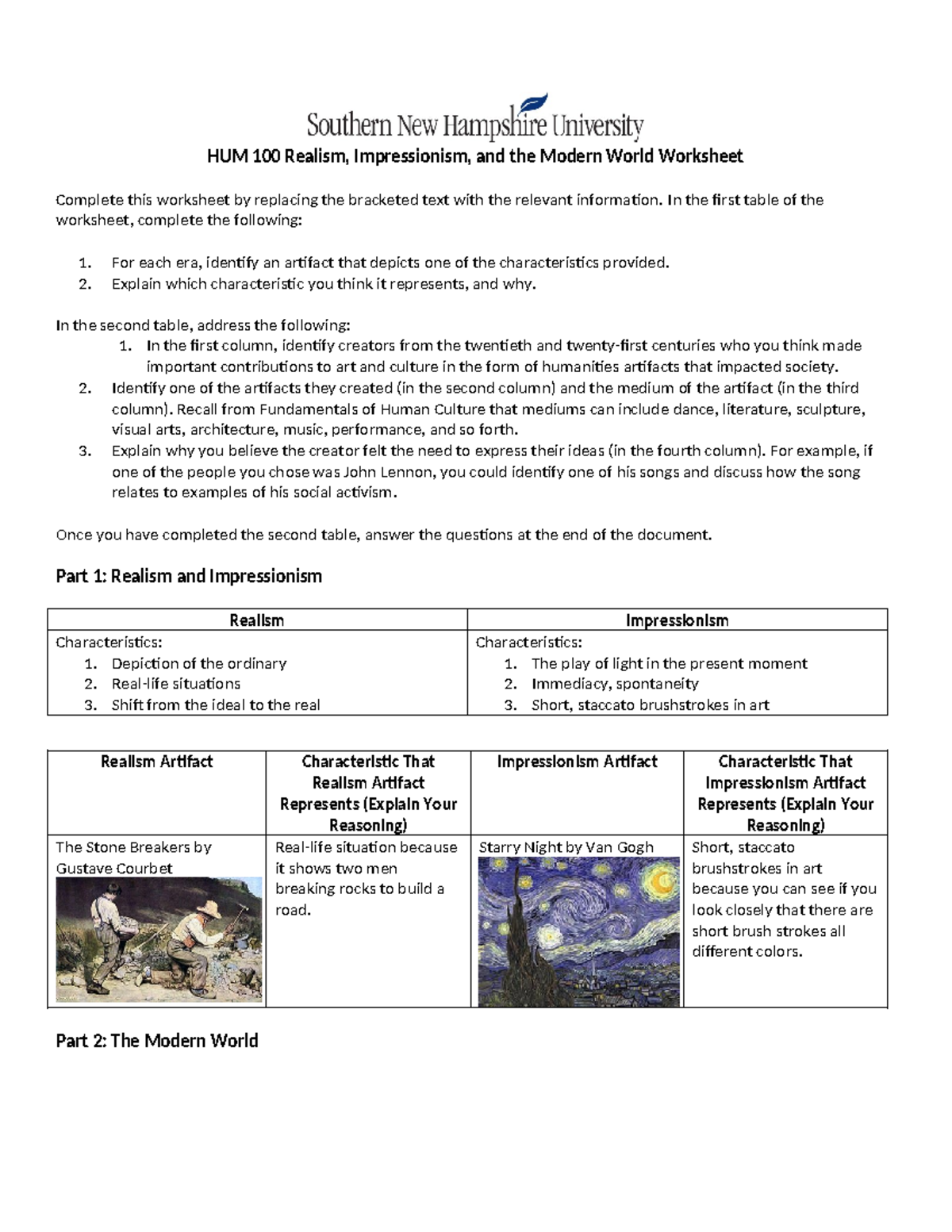 HUM 100 Realism Impressionism and the Modern World Worksheet - HUM 100 ...