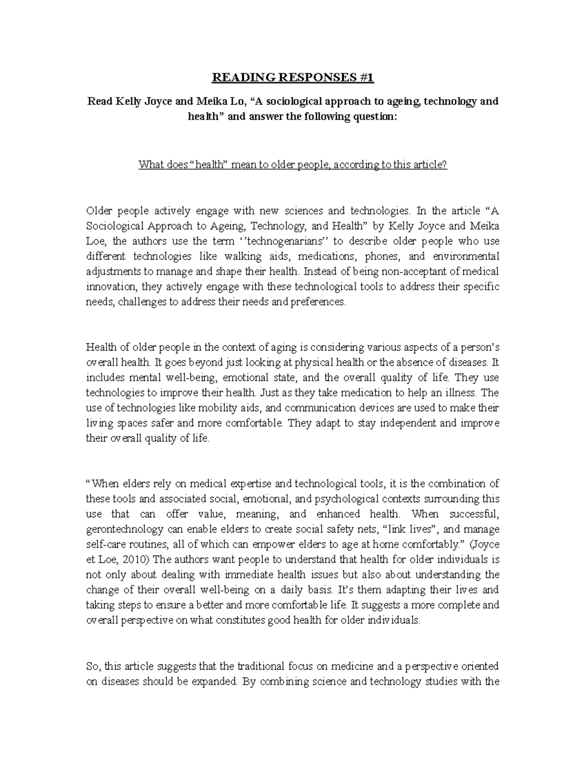 Reading Responses # 1 - READING RESPONSES Read Kelly Joyce and Meika Lo ...