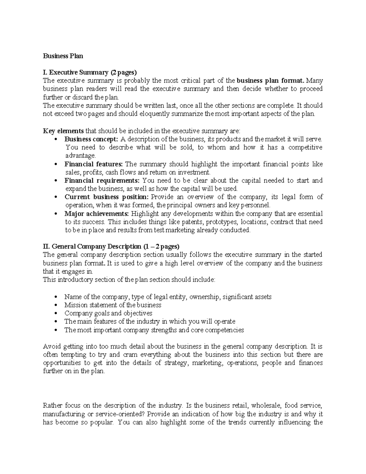 Business Plan Lecture and Format 1 - Business Plan I. Executive Summary ...