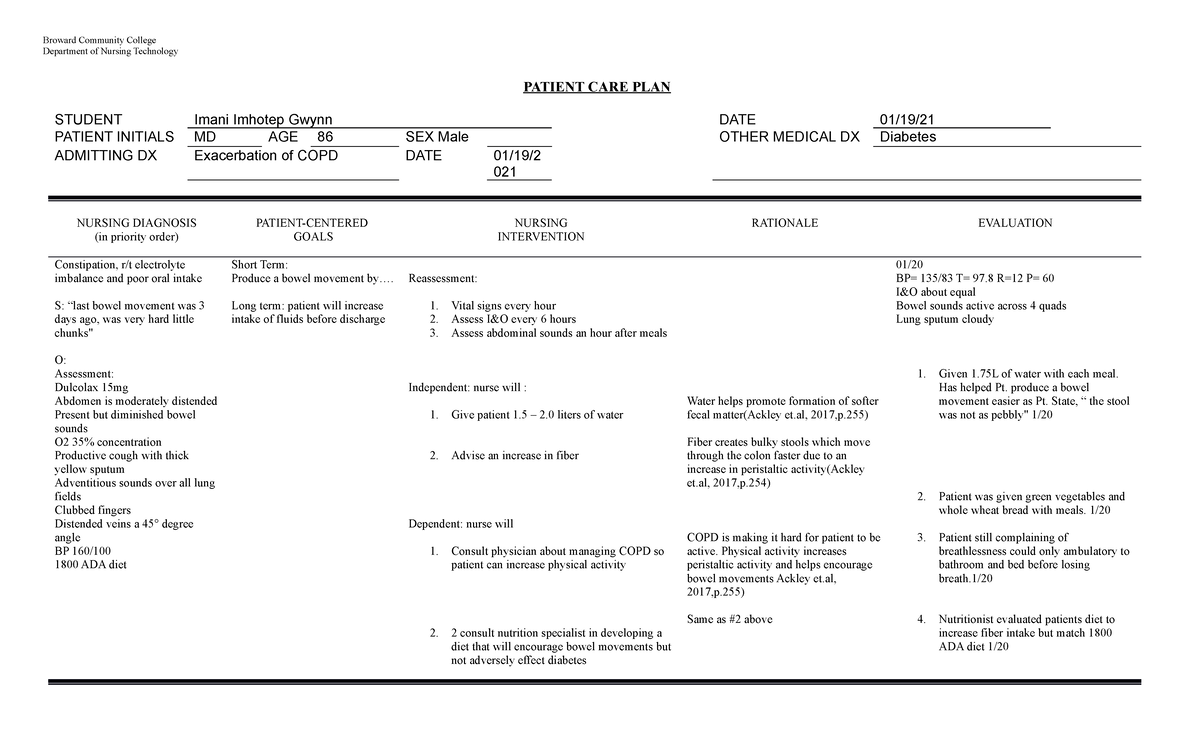 CARE PLAN test - Care plan - Broward Community College Department of ...