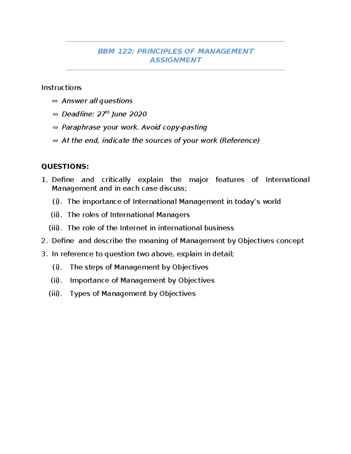 BBM 122 - Assignment - Nil - BBM 122: PRINCIPLES OF MANAGEMENT ...