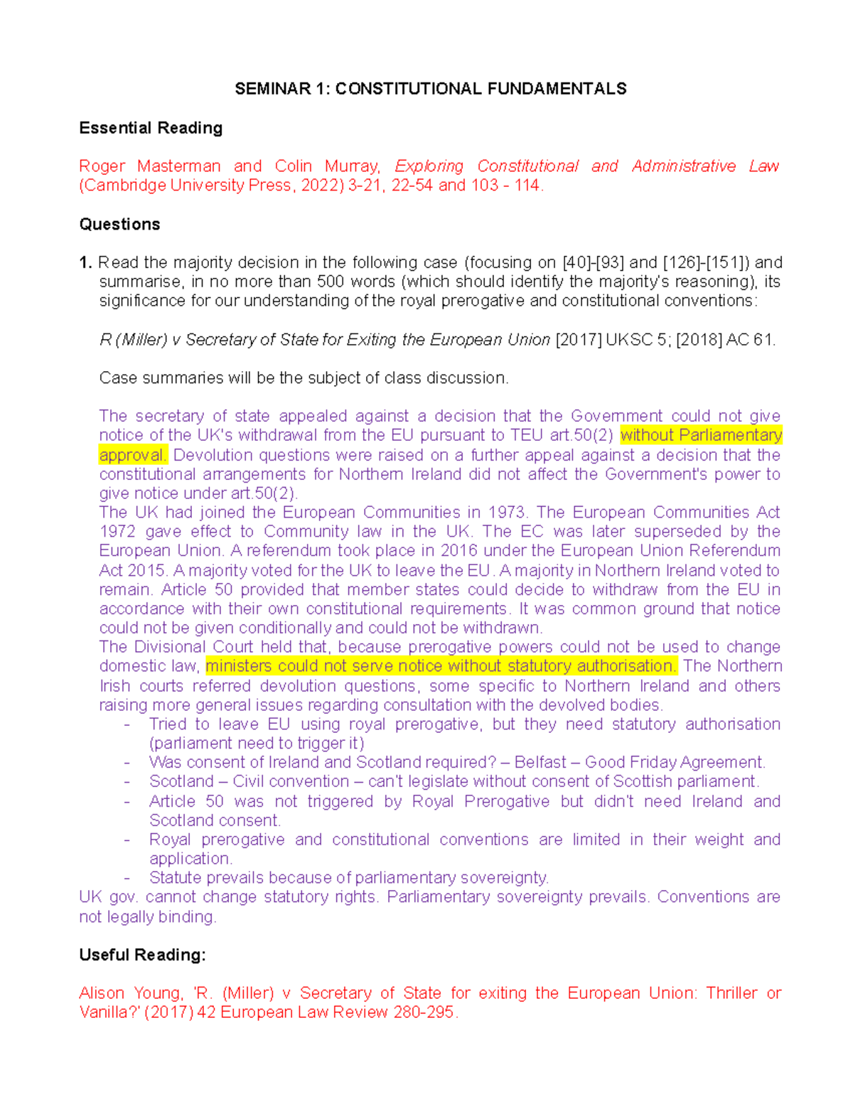 Seminar 1 Constitutional Fundamentals - SEMINAR 1: CONSTITUTIONAL ...