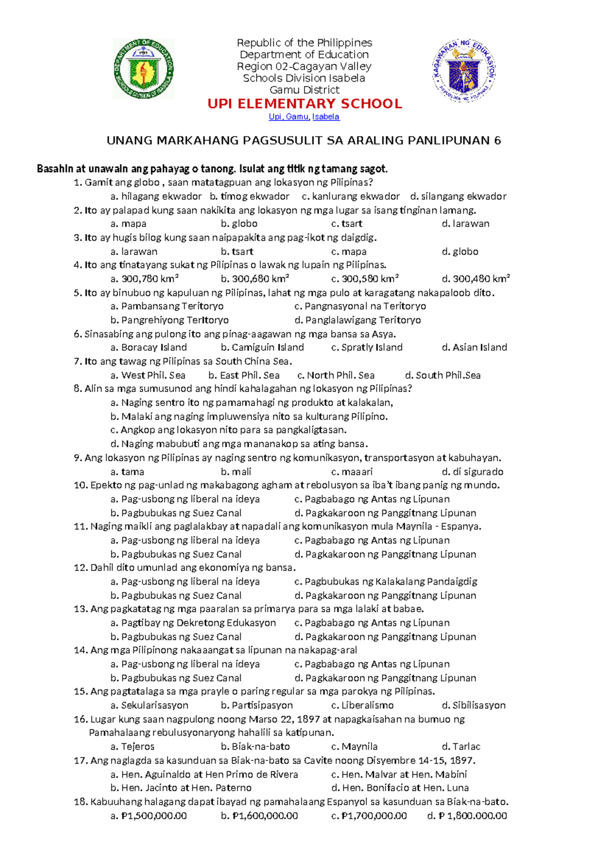 Grade 6 AP & Mapeh 1ST PT - REFERENCE - Republic of the Philippines ...