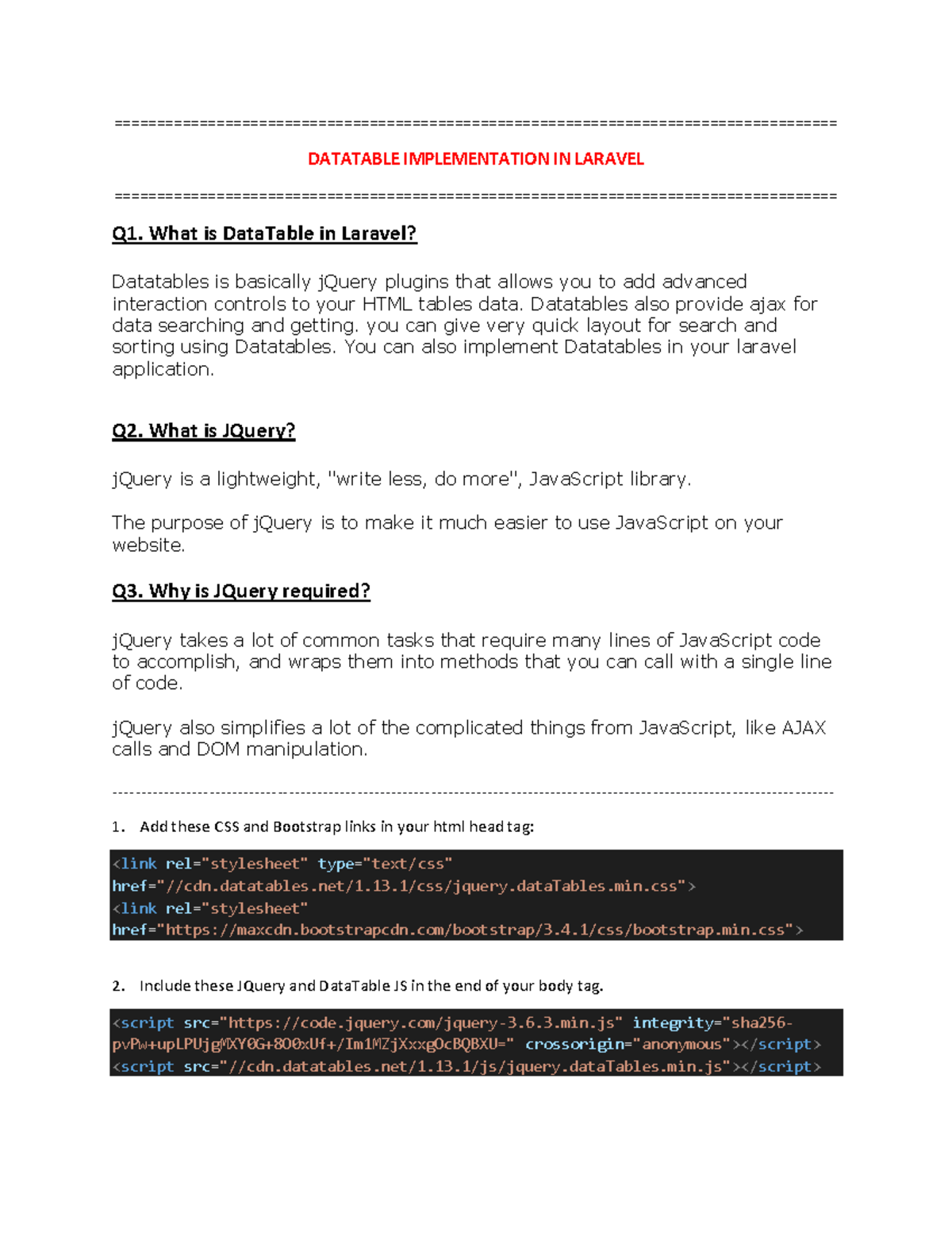Datatable Tutorial - web tech notes - - Studocu