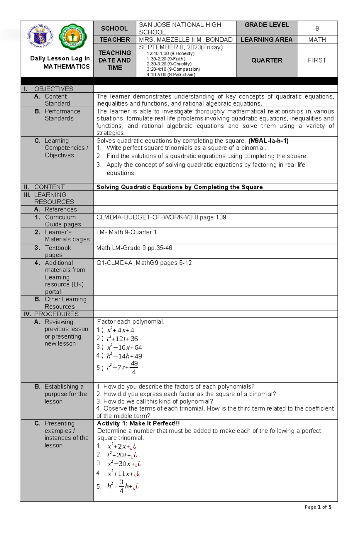 Math9 DLL Sep 8 - DLL MATH 9 WEEK 2 - Daily Lesson Log in MATHEMATICS ...