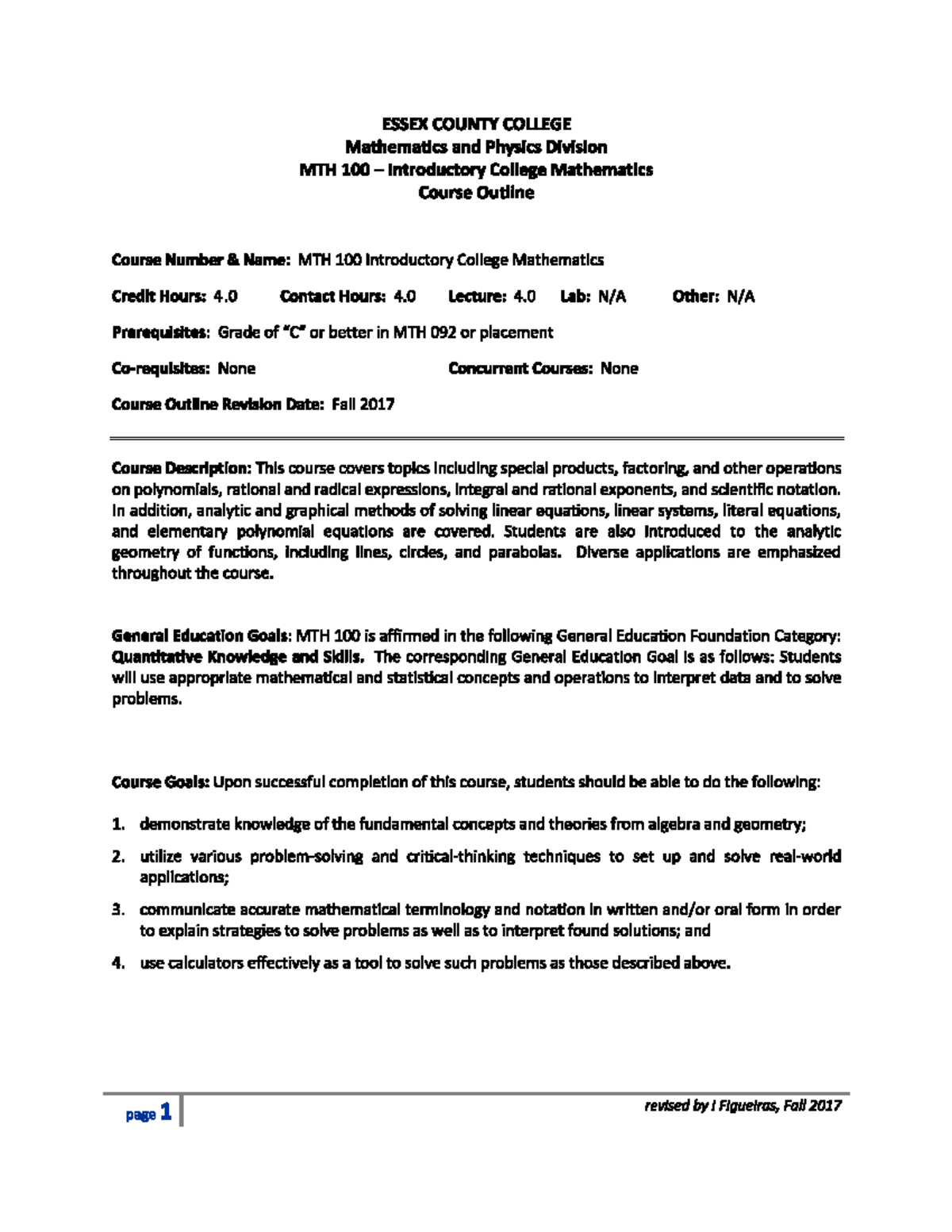 Math 100 Syllabus - MTH 100 - Studocu