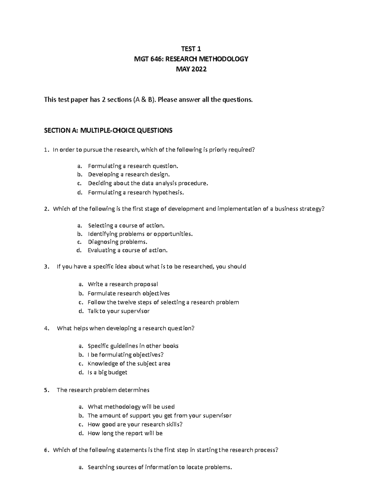 MGT646 Test1 May2022.docx 2 - TEST 1 MGT 646: RESEARCH METHODOLOGY MAY ...