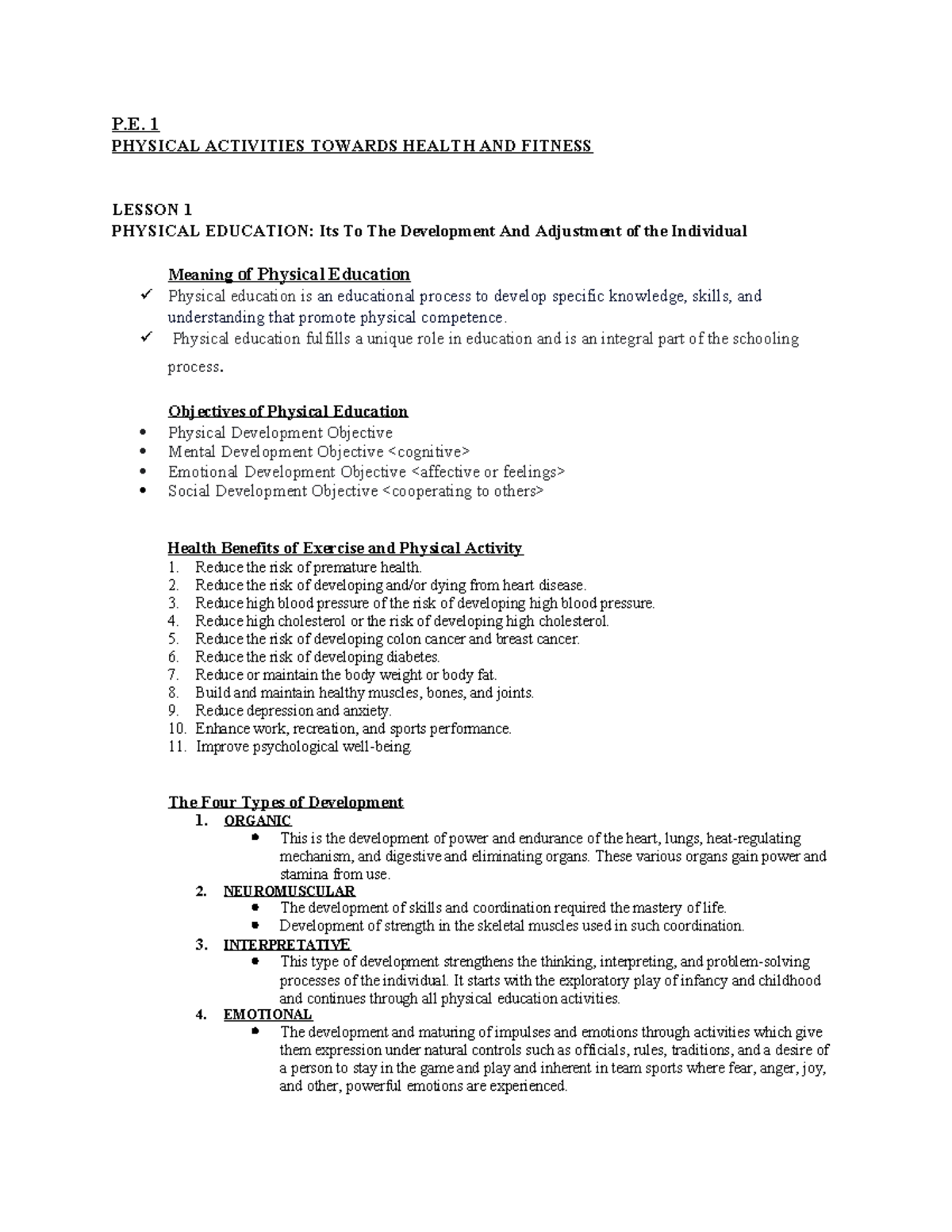 Physical education 1 - P. 1 PHYSICAL ACTIVITIES TOWARDS HEALTH AND ...