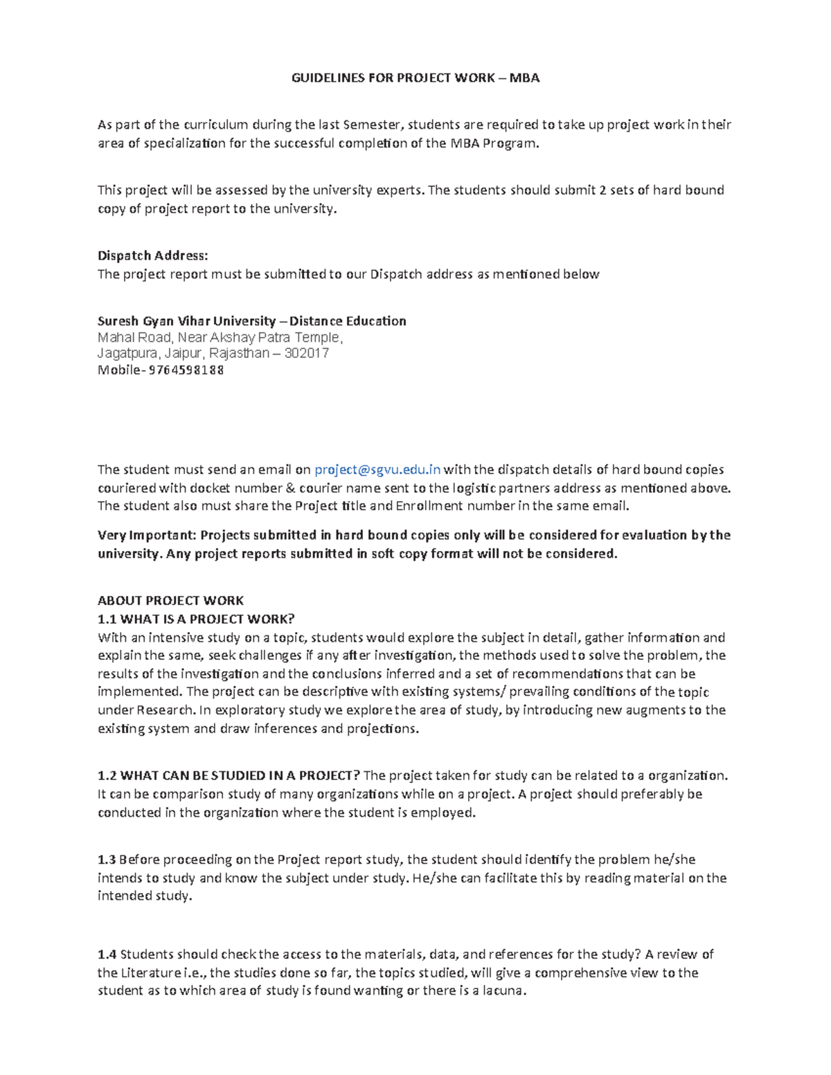 MBA - Guidelines FOR Project WORK SGVU - GUIDELINES FOR PROJECT WORK – MBA As part of the ...
