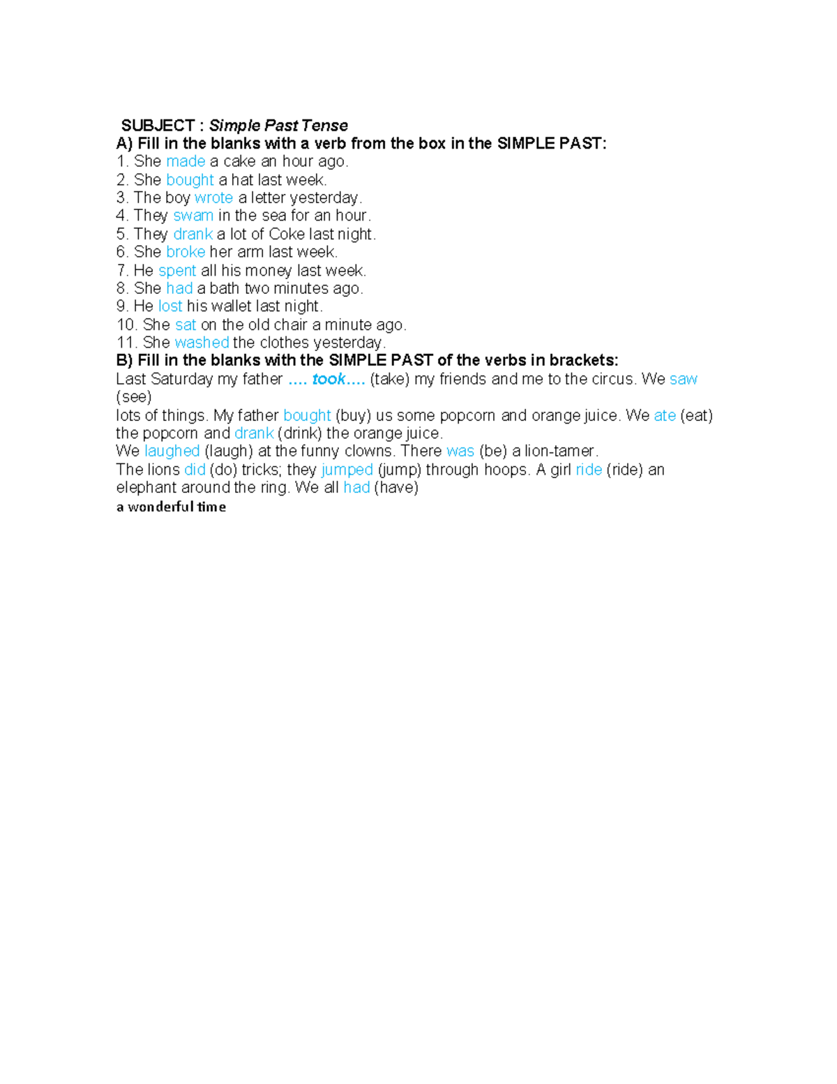 Subject 1 - INGLES - SUBJECT : Simple Past Tense A) Fill in the blanks ...