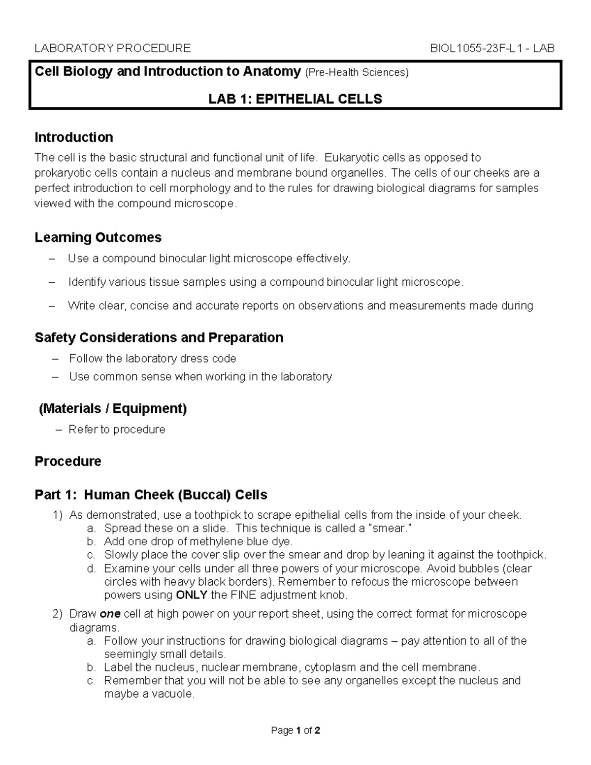 Lab 1 - Epithelial Cells (Lab Instructions) - LABORATORY PROCEDURE ...