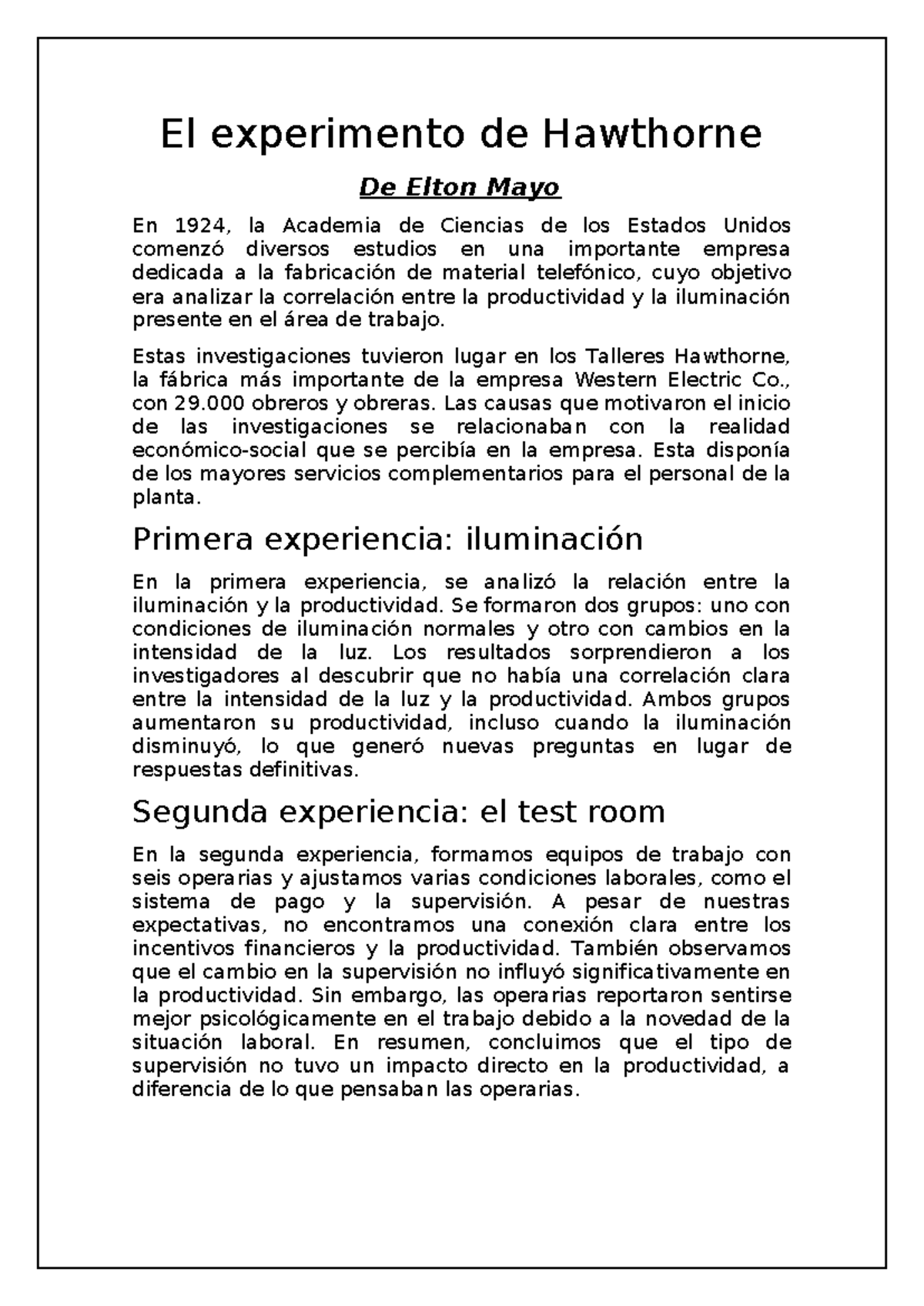 Experimento elton mayo - El experimento de Hawthorne De Elton Mayo En ...