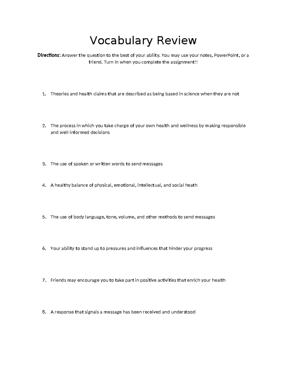 Vocabulary Review 18 and 1 - Vocabulary Review Directions: Answer the ...