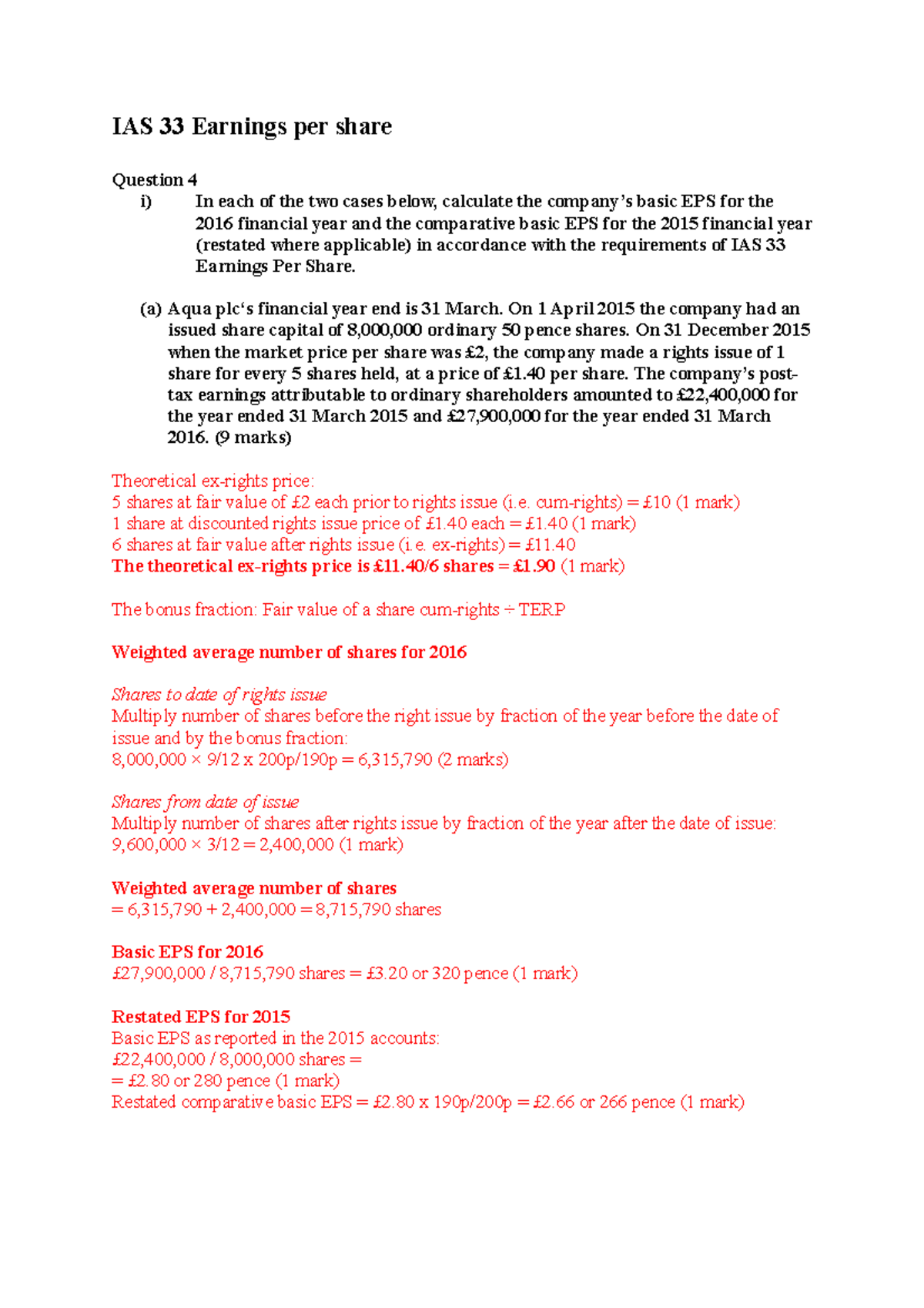 IAS 33 Earnings Per Share IAS 33 Earnings Per Share Question 4 I In