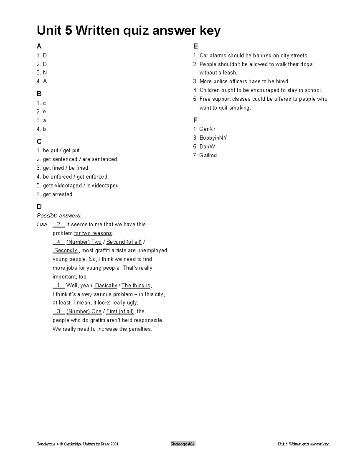 Course 14 UNIT 5 Written QUIZ Answer KEY Touchstone 4 Cambridge