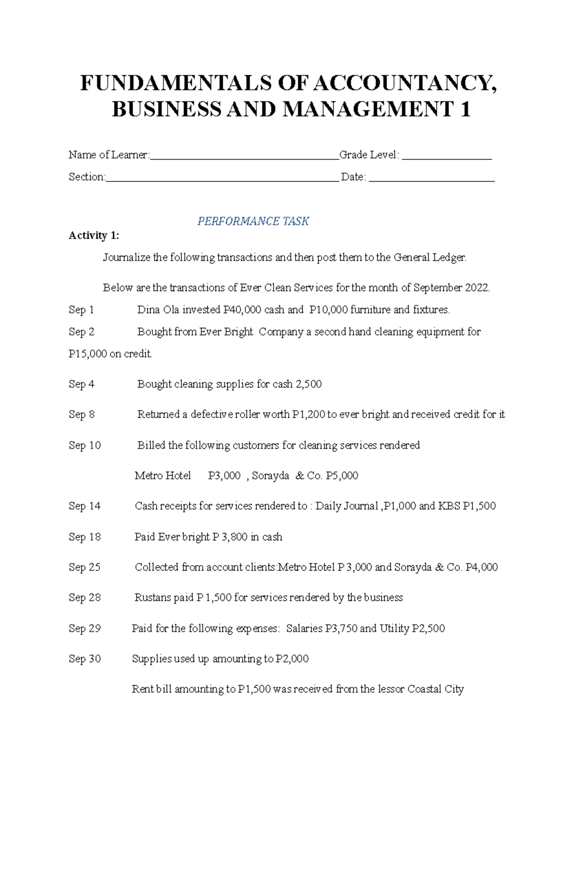 FABM1 performance task - FUNDAMENTALS OF ACCOUNTANCY, BUSINESS AND ...