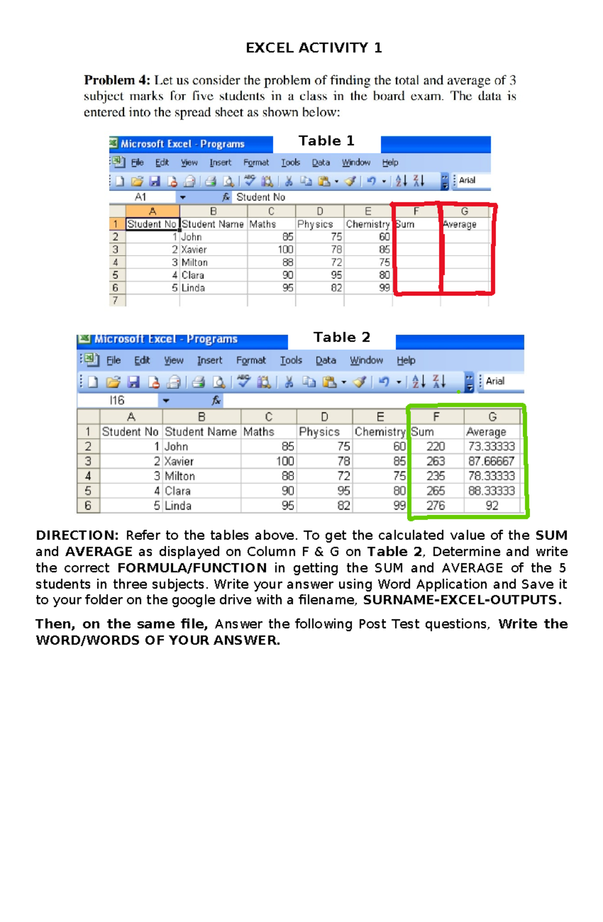 Excel- Activity-POST-TEST - DIRECTION: Refer to the tables above. To ...
