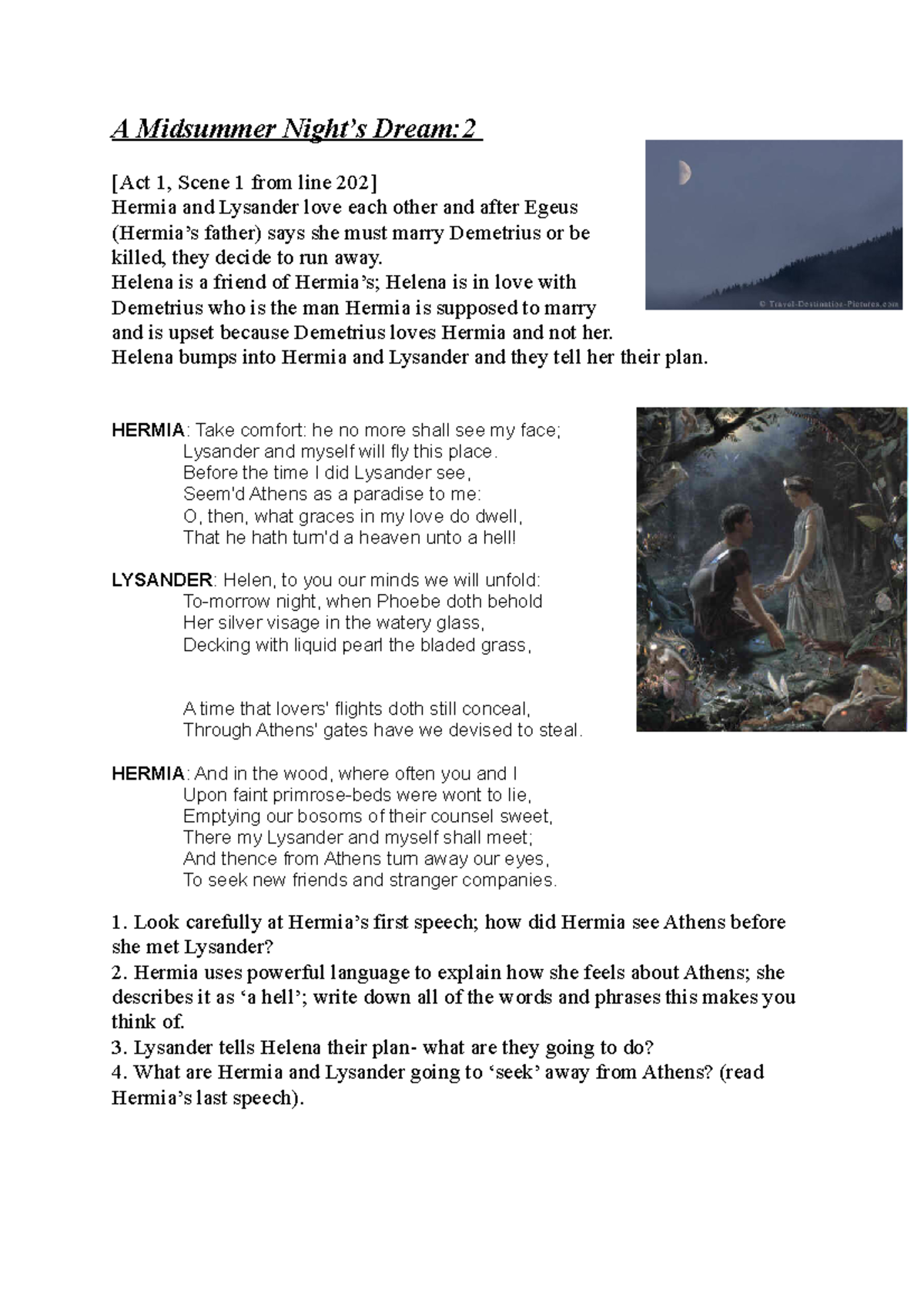 L5 Hermia Worksheet - Shakespeare revision / notes - A Midsummer Night ...
