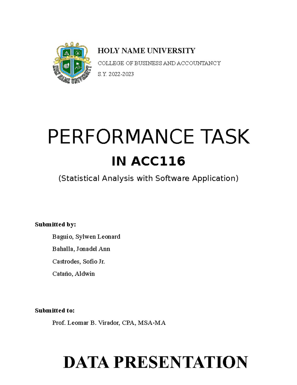 PT ACC116 - Nol - HOLY NAME UNIVERSITY COLLEGE OF BUSINESS AND ...