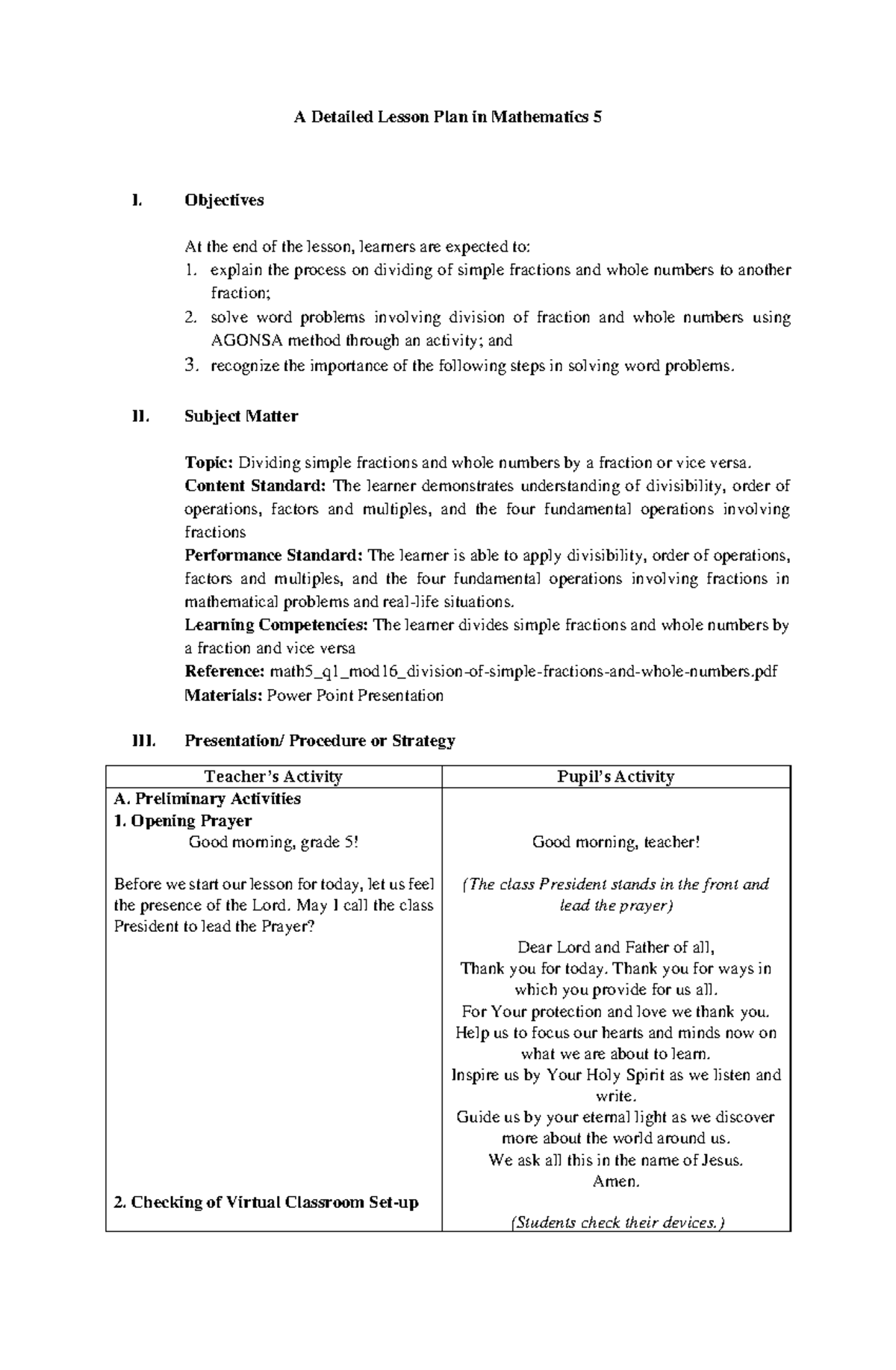 A Detailed Lesson Plan In Mathematics 5 Objectives At The End Of The 