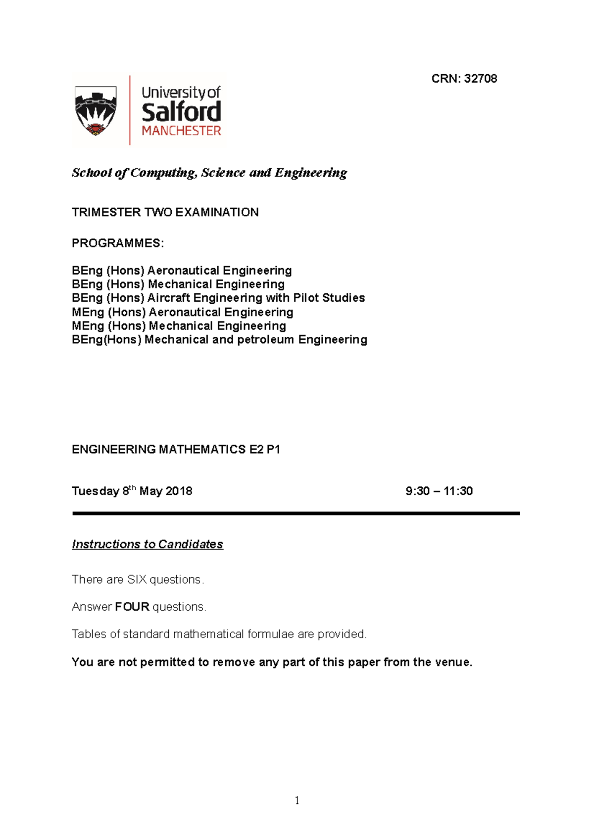 32708 Engineering Mathematics E2 for May 2018 Examination - CRN: 32708 ...