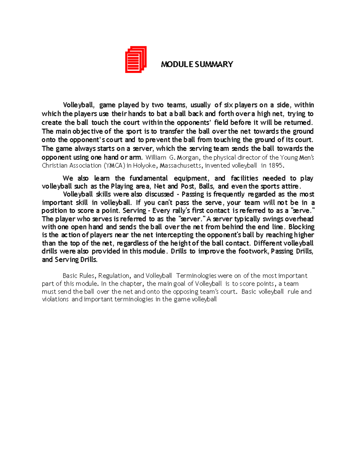 Module Summary - MODULE SUMMARY Volleyball, game played by two teams ...