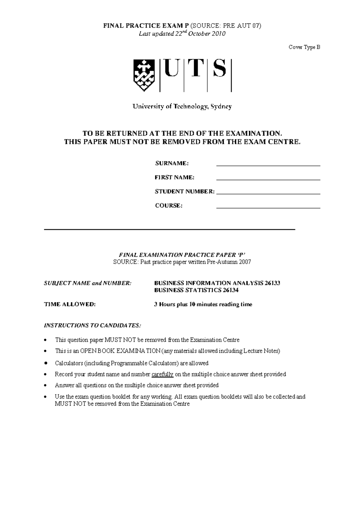 Sample/practice exam 2007, questions and answers - final practice exam ...