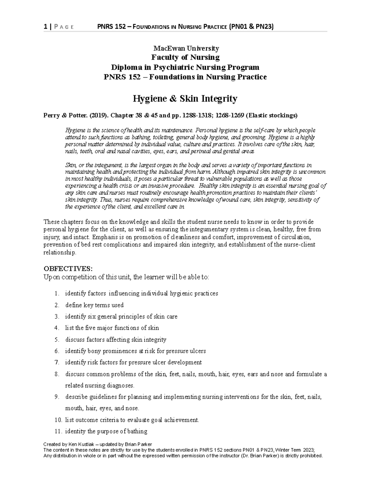 Hygiene objectives - Lecture note - MacEwan University Faculty of ...