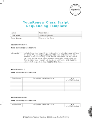 Class Script Sequencing Assignment - YogaRenew Class Script Sequencing Assignment Assignment ...