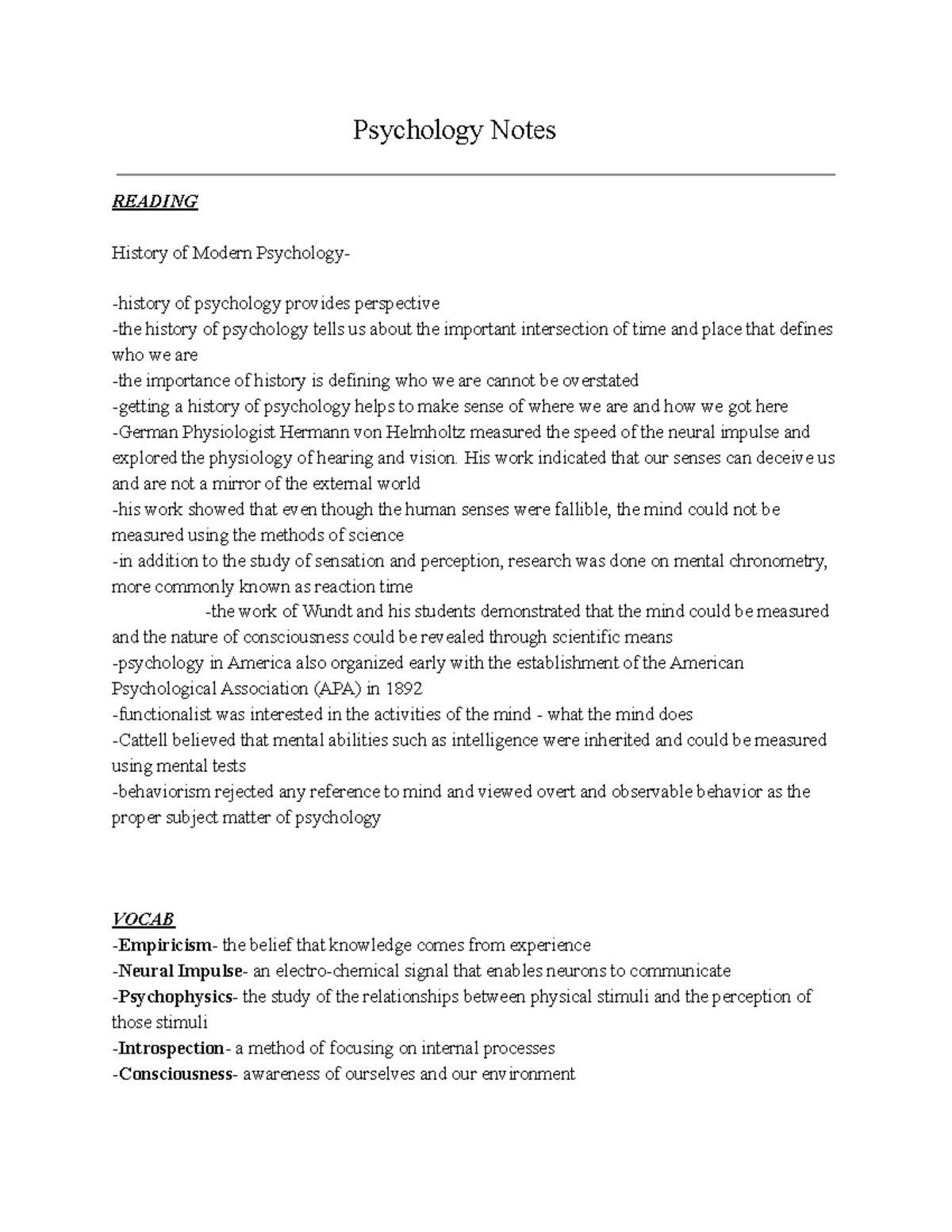Psychology Notes - Psychology Notes READING History of Modern ...