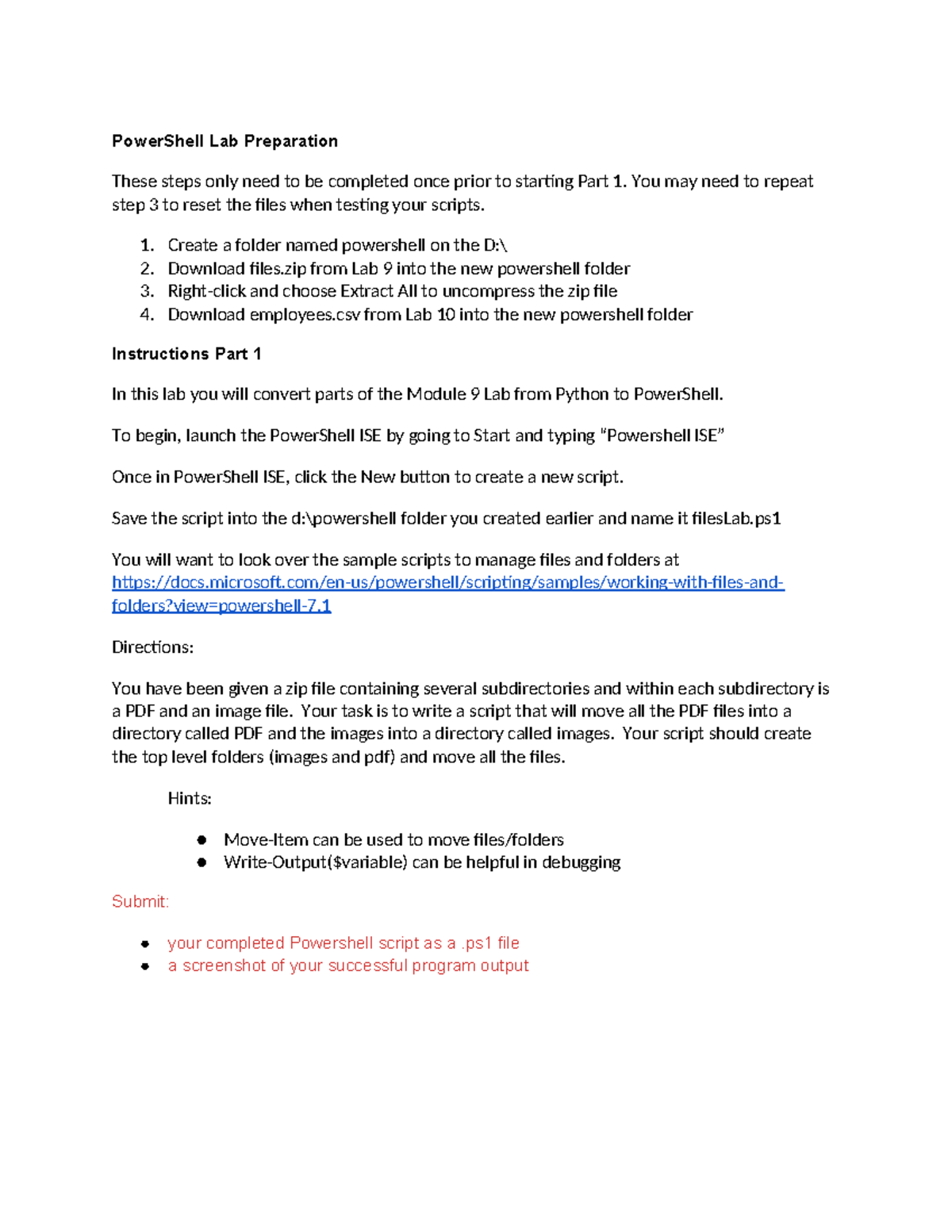 Lab 12 Part 1 - PowerShell Lab Preparation These steps only need to be completed once prior to ...