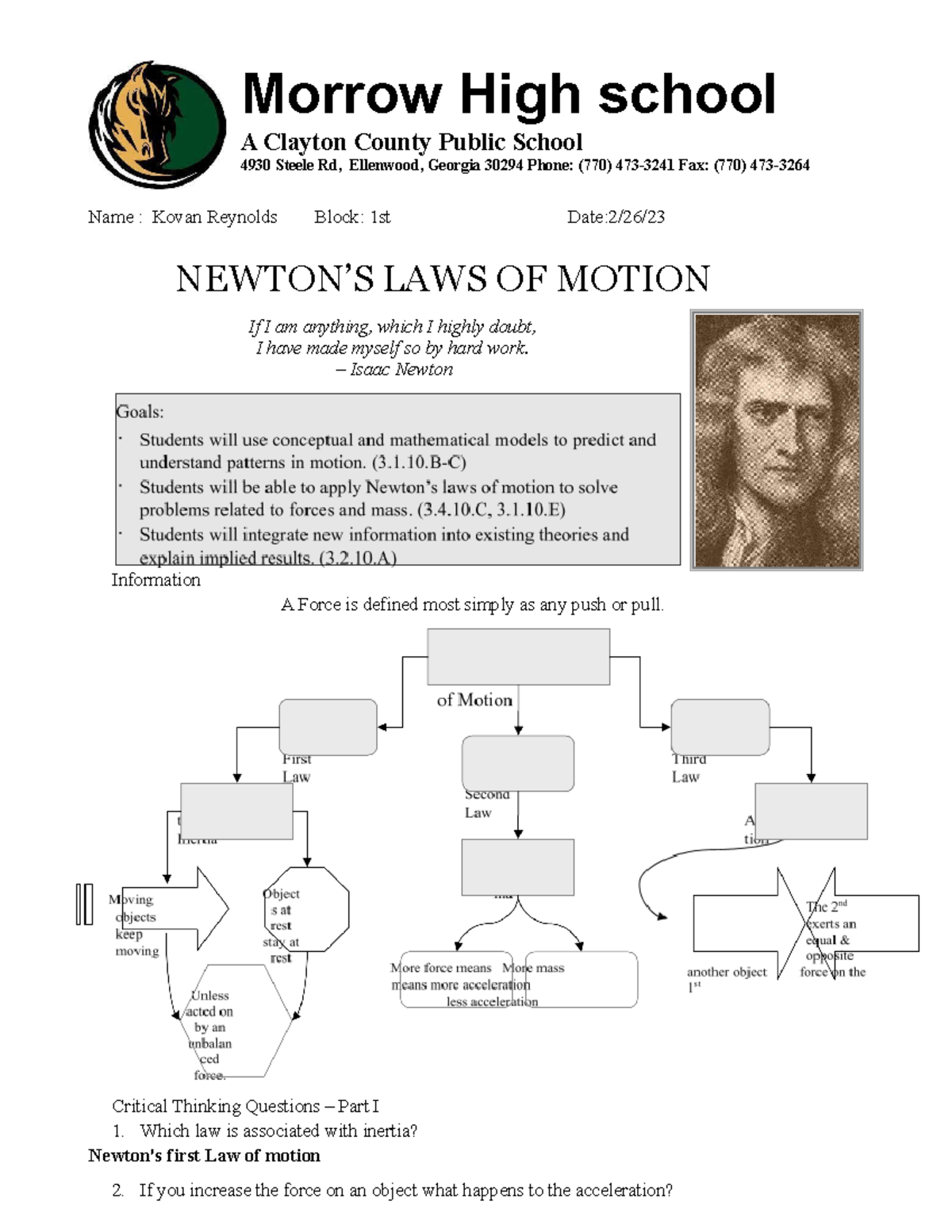 Work sheet-7 Newtons 3laws work sheet - Morrow High school A Clayton ...