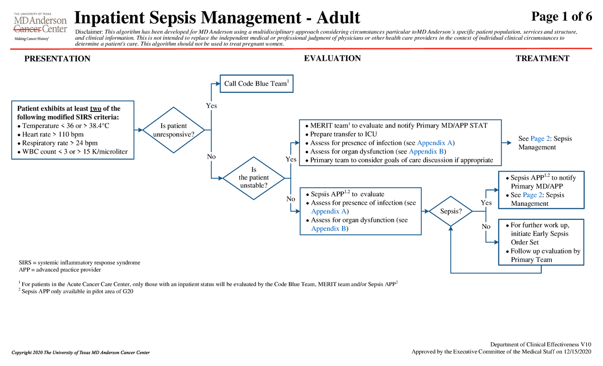 Sepsis management flowsheet - PRESENTATION EVALUATION TREATMENT No Is ...