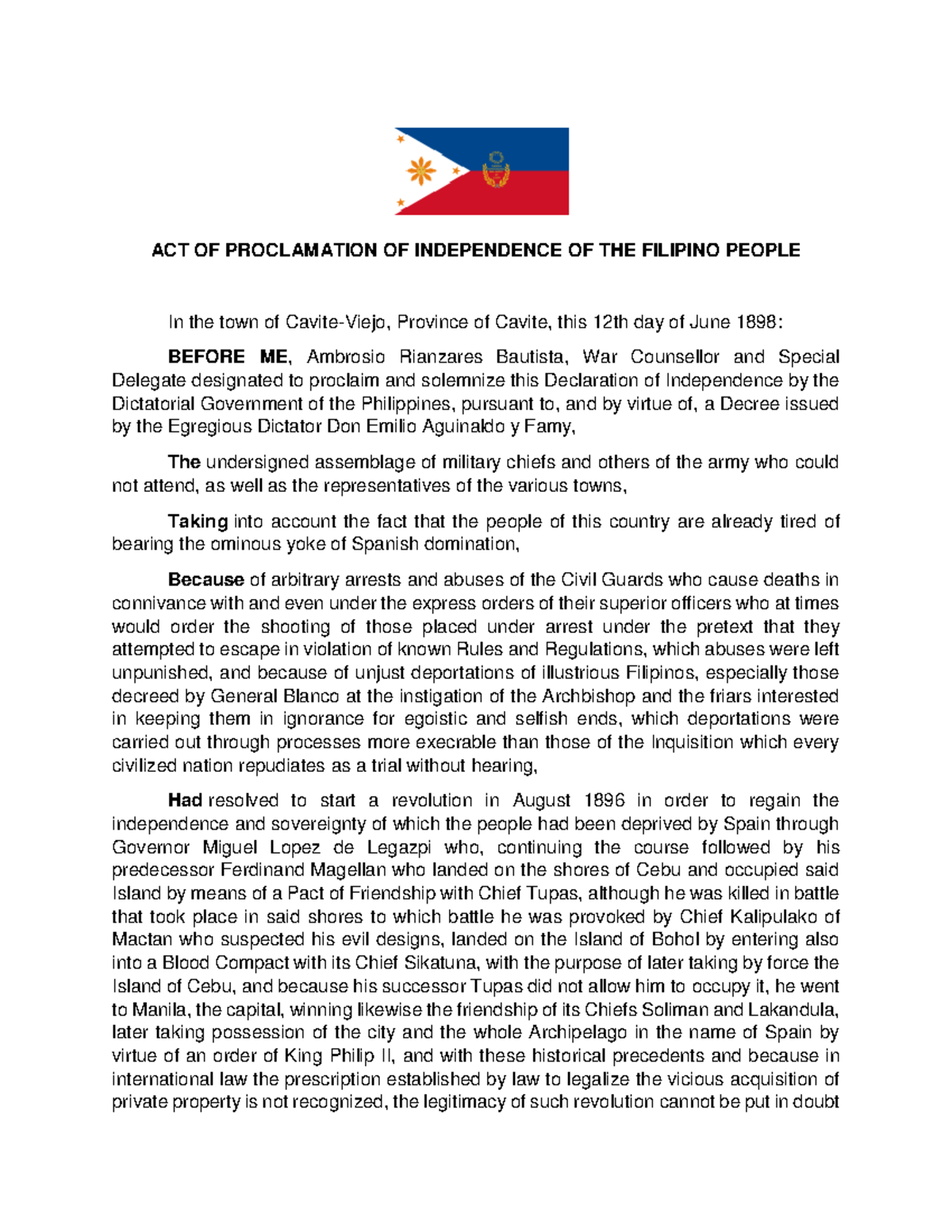 ACT OF Proclamation OF Independence OF THE Filipino People - ACT OF ...