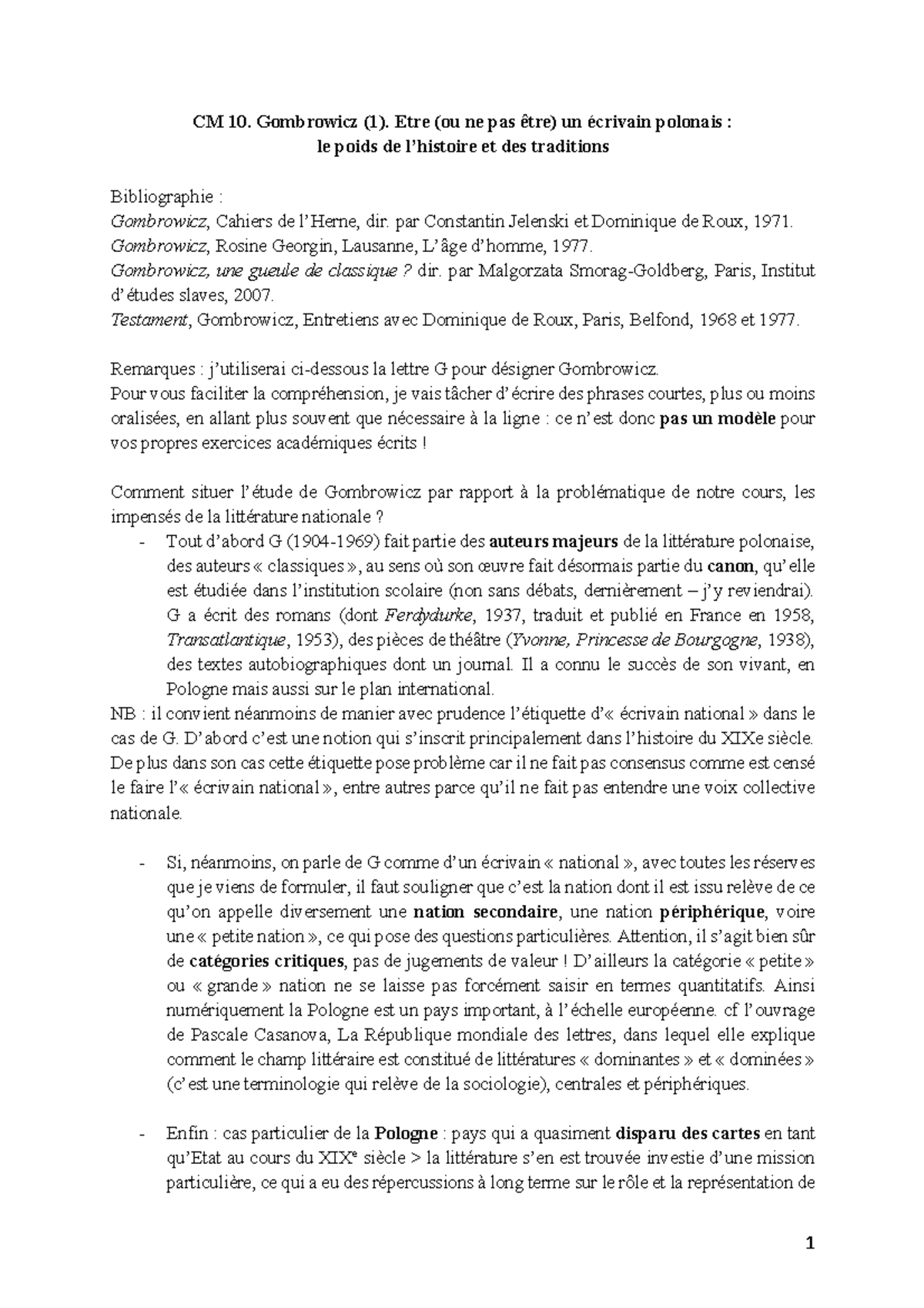 CM10 - CM 10. Gombrowicz (1). Etre (ou ne pas être) un écrivain ...