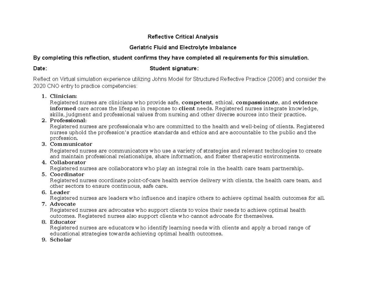 Reflective Critical Analysis Geriatric Fluid and Elelctrolyte Imbalance Simulation -1 ...
