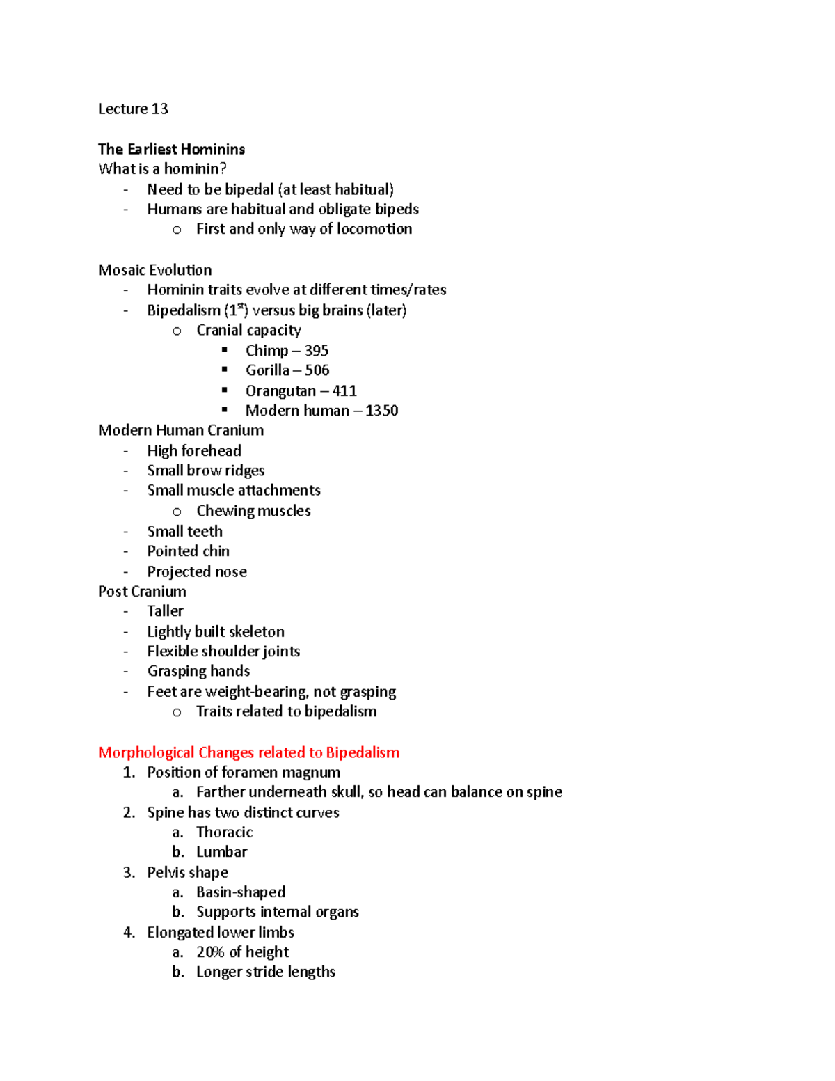 The Earliest Hominins Lecture Notes - Lecture 13 The Earliest Hominins ...