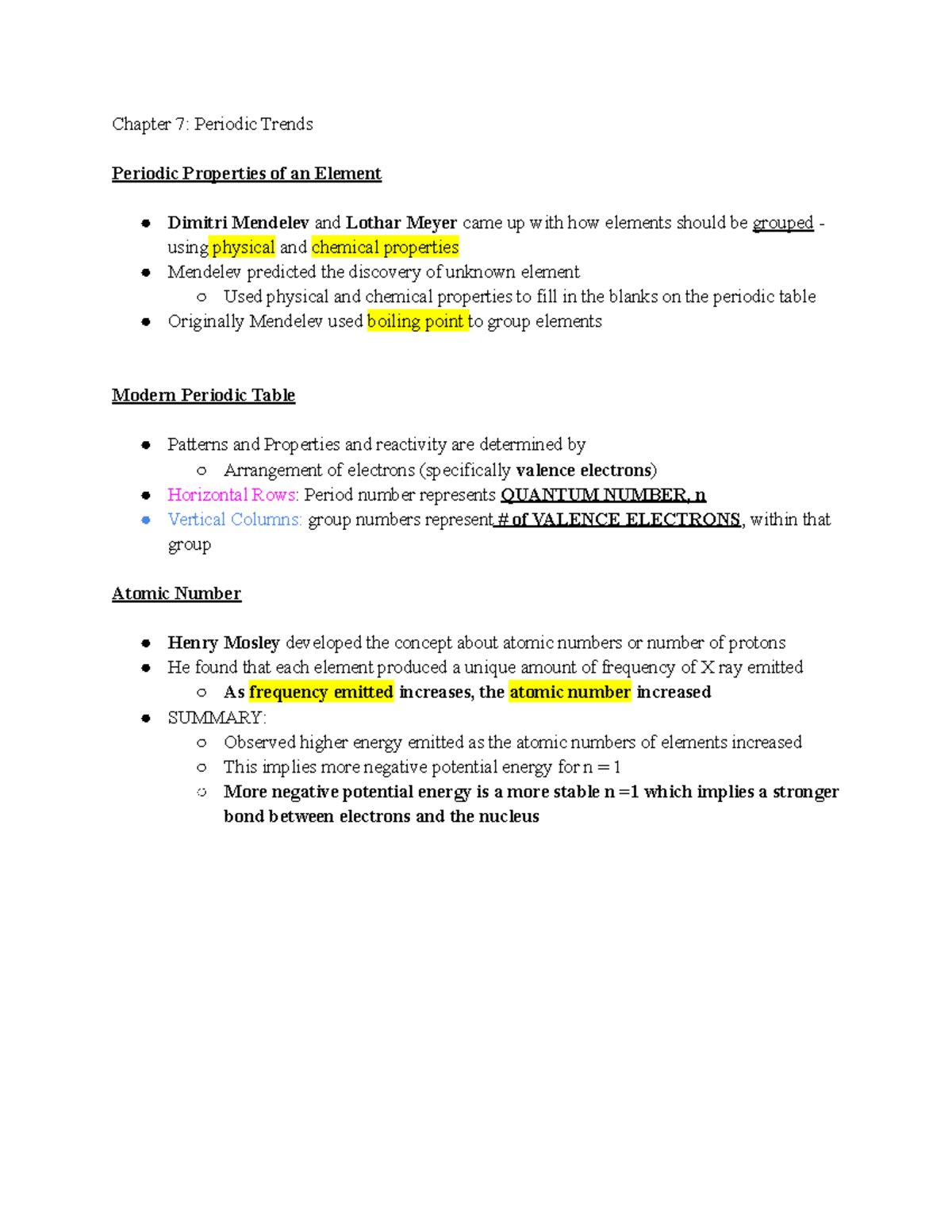 CHEM Midterm 3 Notes - Chapter 7: Periodic Trends Periodic Properties ...