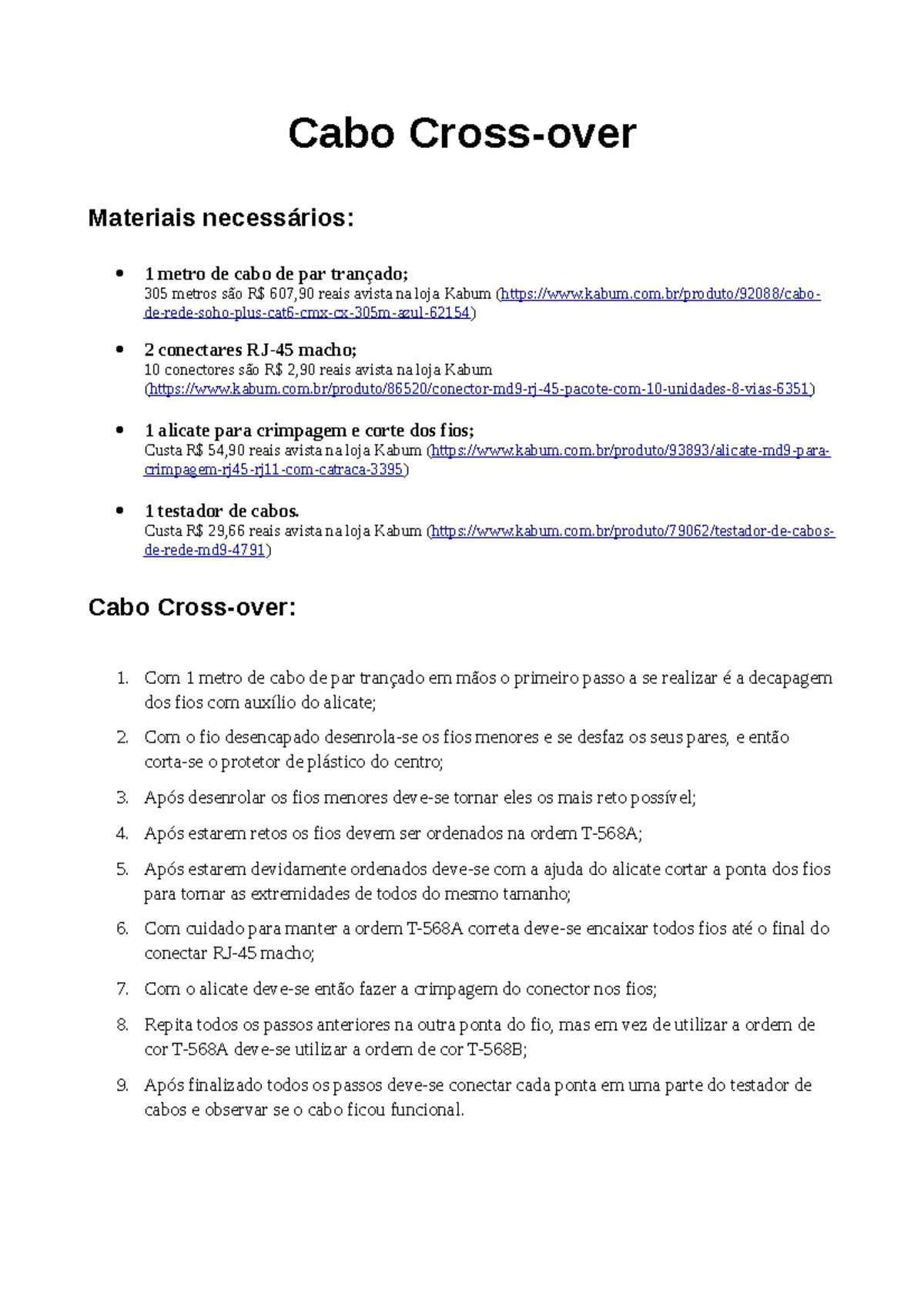 Relatório: Cabo Cross-Over - Cabo Cross-over Materiais necessários: 1 ...