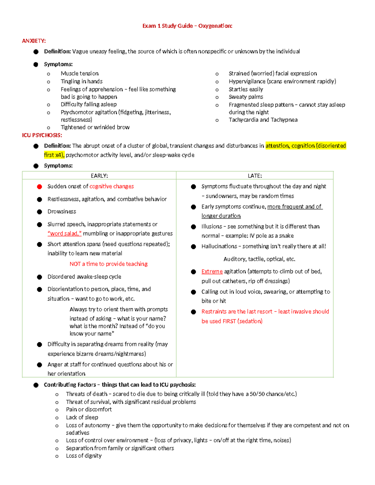 Exam 1 - study notes - Exam 1 Study Guide – Oxygenation: ANXIETY ...