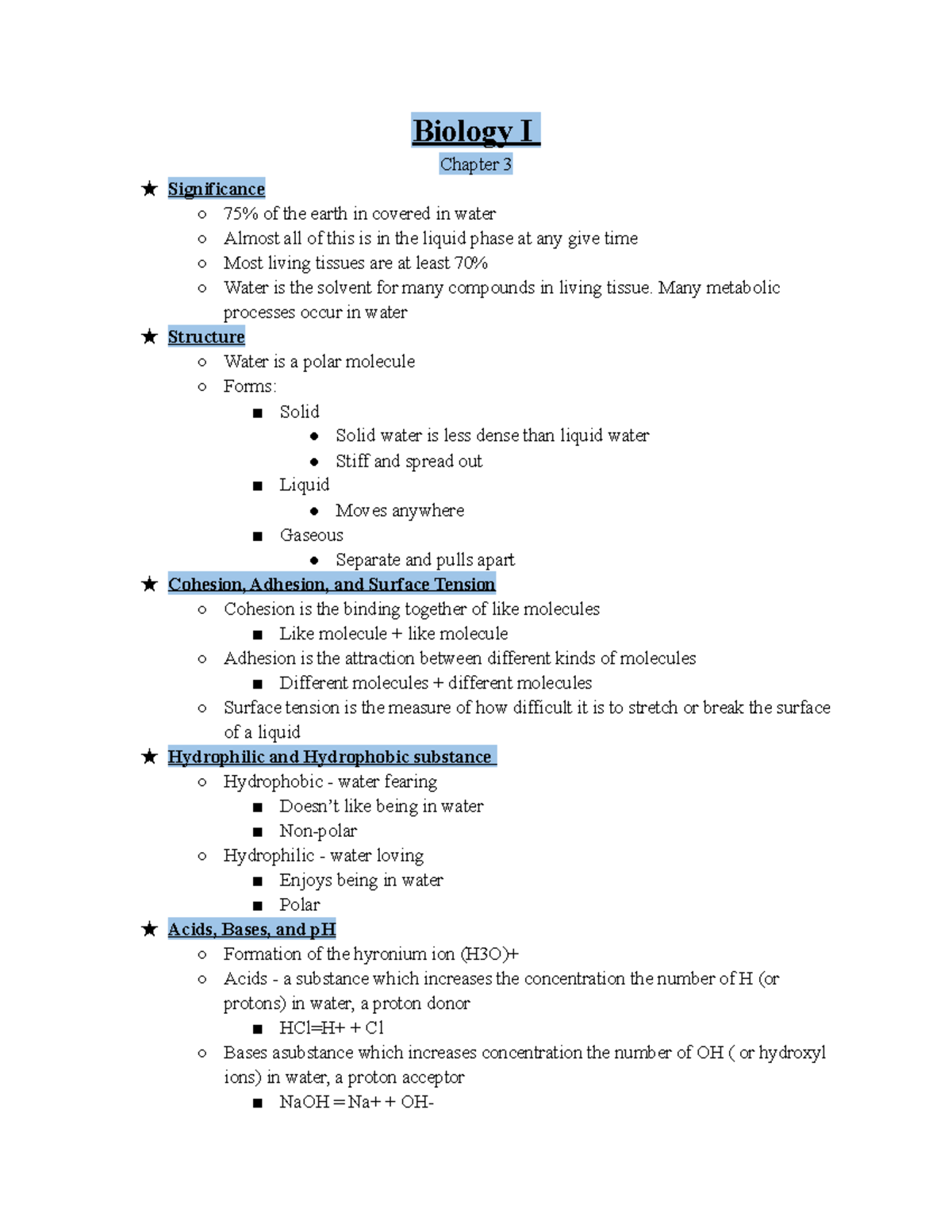 Biology I Chapter 3 - Biology I Chapter 3 ★ Significance 75% of the ...