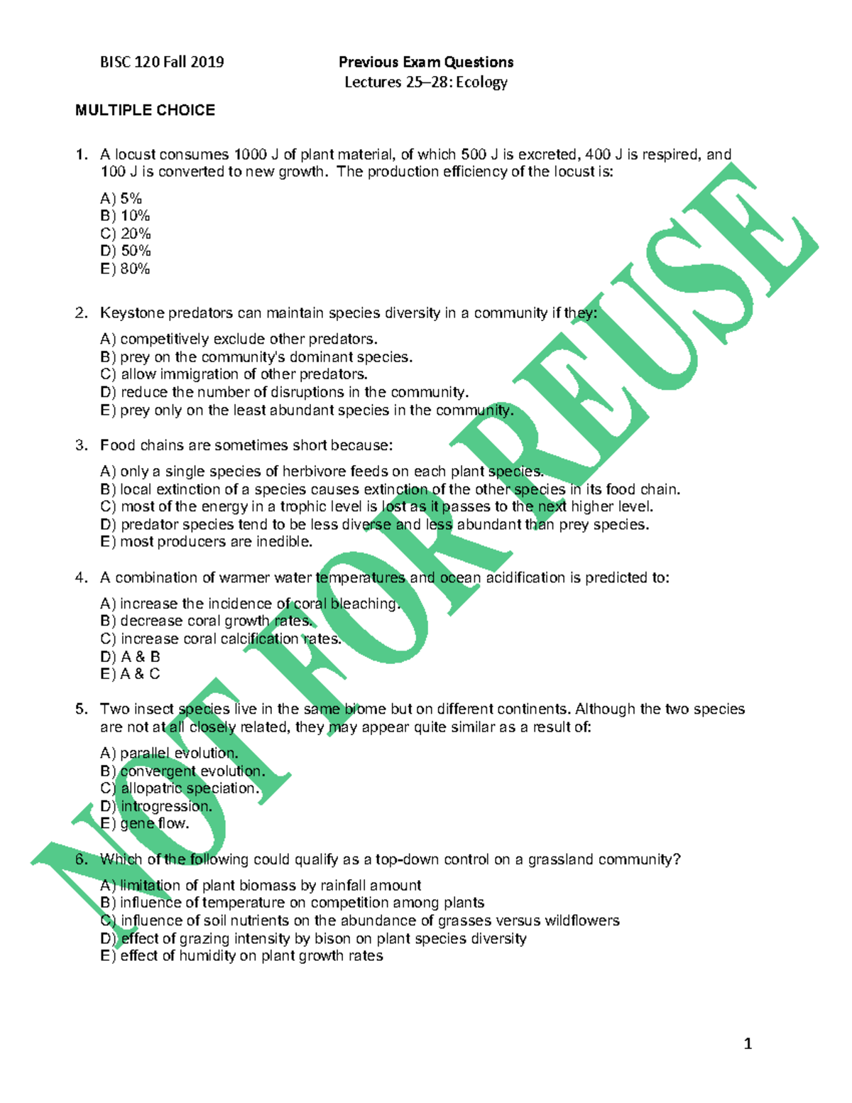 Previous Exam Qs 8 Ecology - Lectures 25–28: Ecology MULTIPLE CHOICE A ...