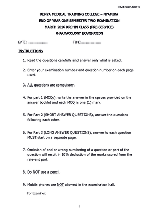 Pharmacology-1 - Revision questions - KENYA MEDICAL TRAINING COLLEGE ...