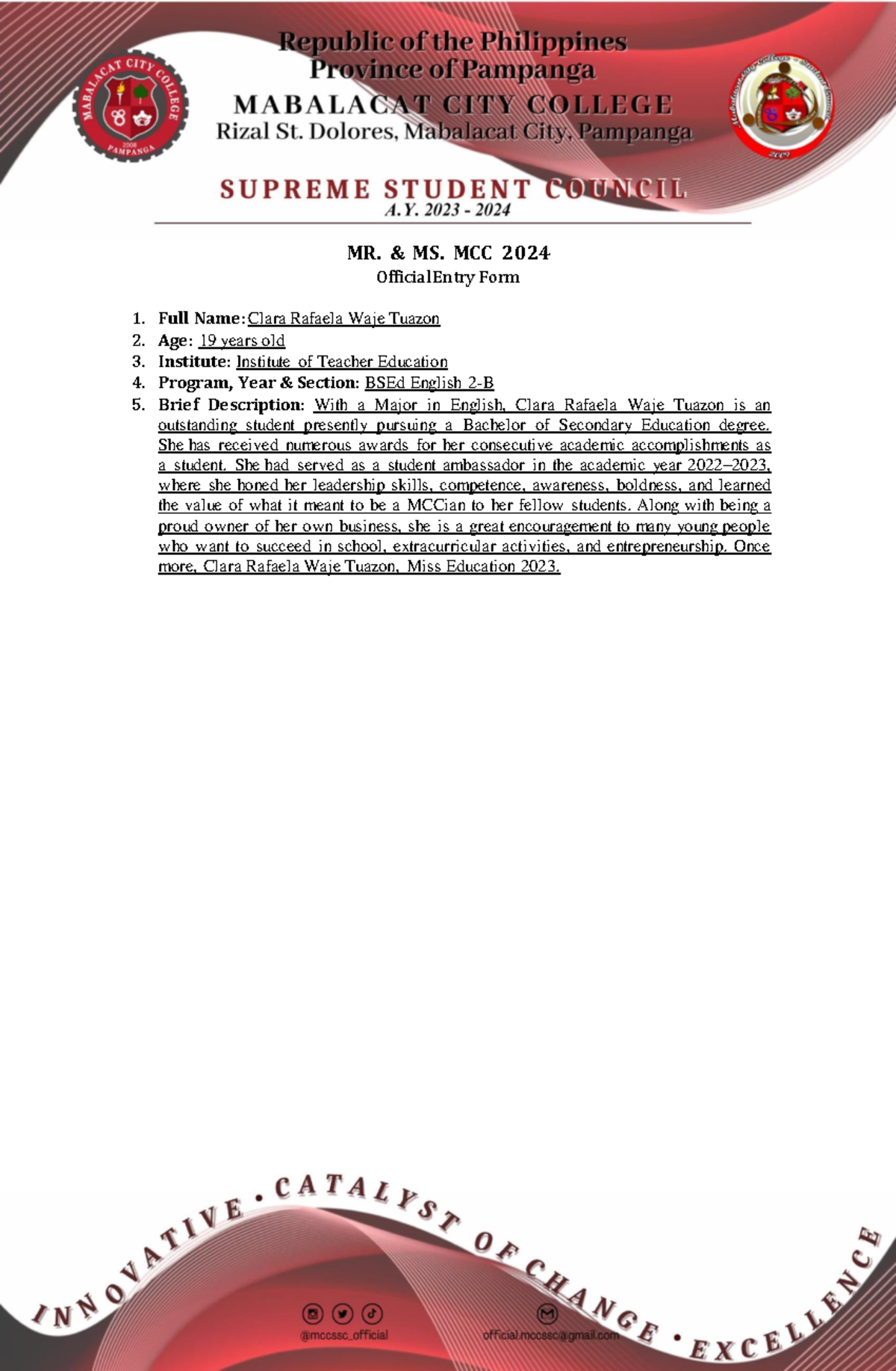 EL-Requirement Ms MCC - MR. & MS. MCC 2024 Official Entry Form Full ...