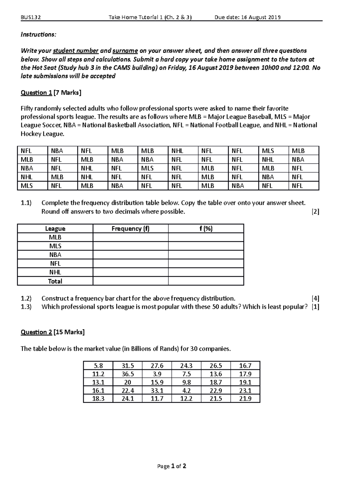 Take Home Tutorial 1 Ch2 3 - 16 August 2019 - BUS132 Take Home Tutorial 1 (Ch. 2 3) Due date: 16 ...