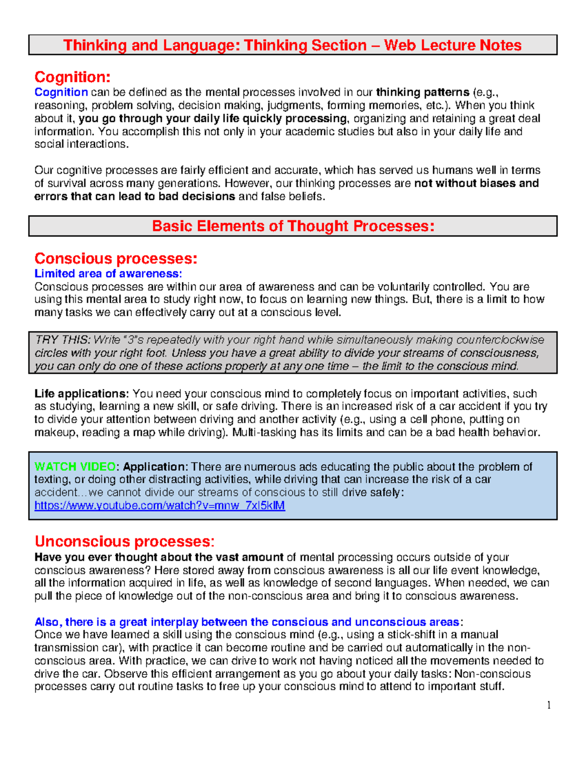 Thinking - Lecture notes 1 - Thinking and Language: Thinking Section ...