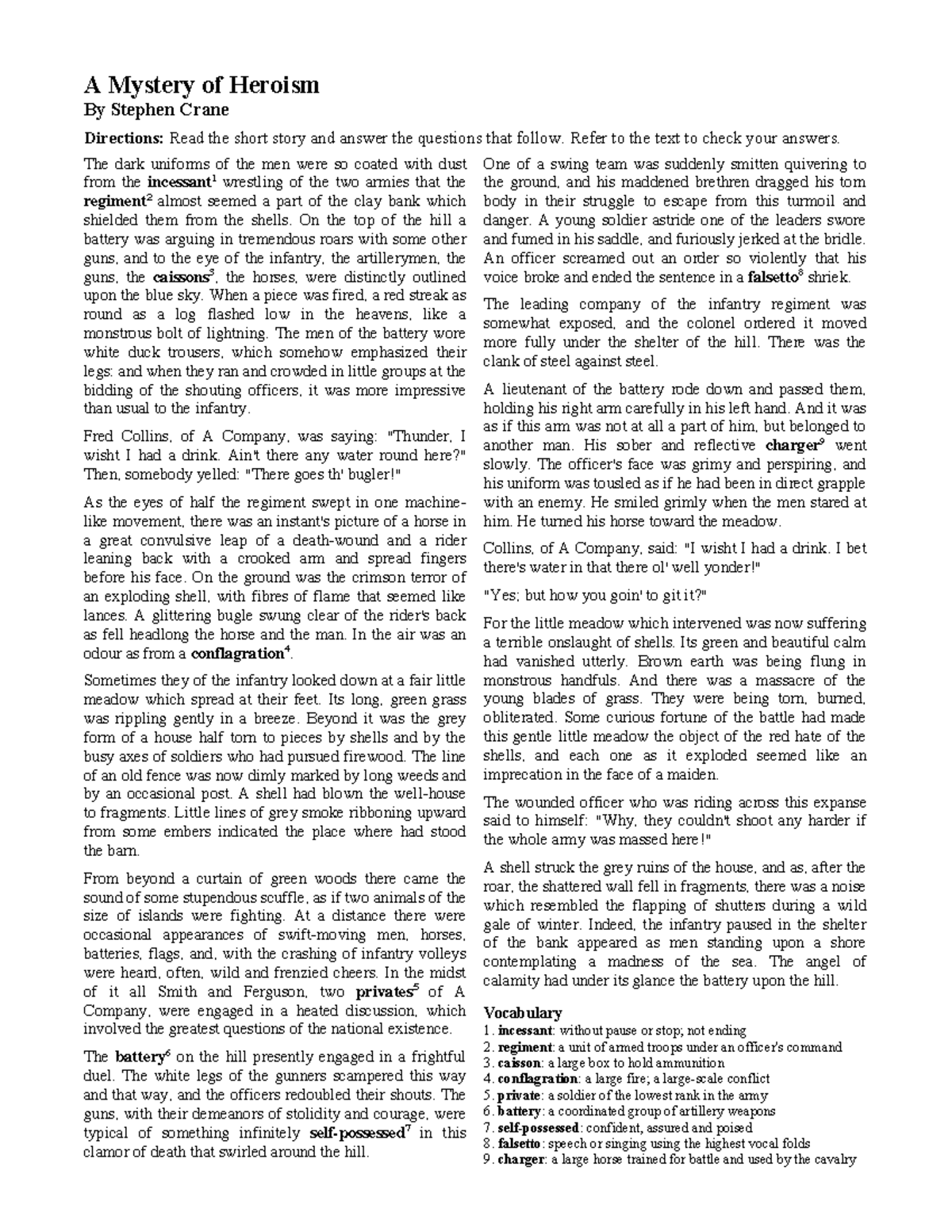 A mystery of Heroism - A Mystery of Heroism By Stephen Crane Directions ...