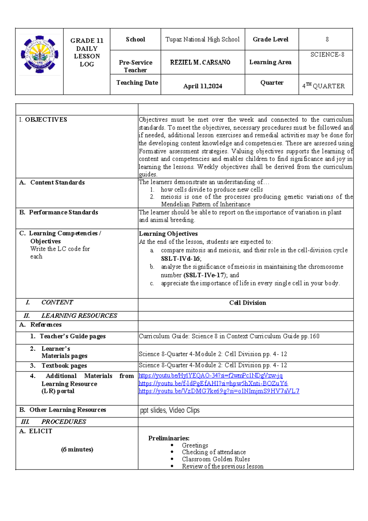 Q4-M2-DLP - I. OBJECTIVES Objectives must be met over the week and ...